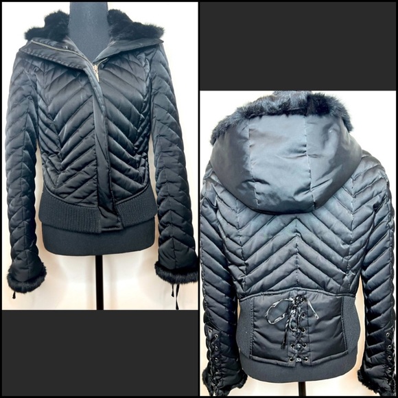 bebe | Jackets & Coats | Bebe Rabbit Fur Hooded Laceup Sleeve Style Puffer Jacket Coat | Poshmark